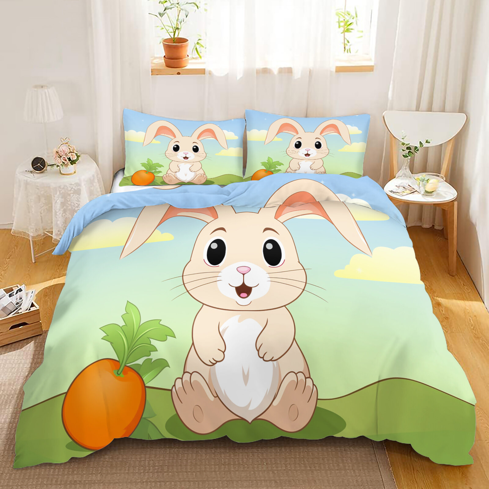 Постельное белье 2-спальное, евро простынь 200x220cm,2 наволочки 70х70, Милый Кролик полисатин спальный комплект