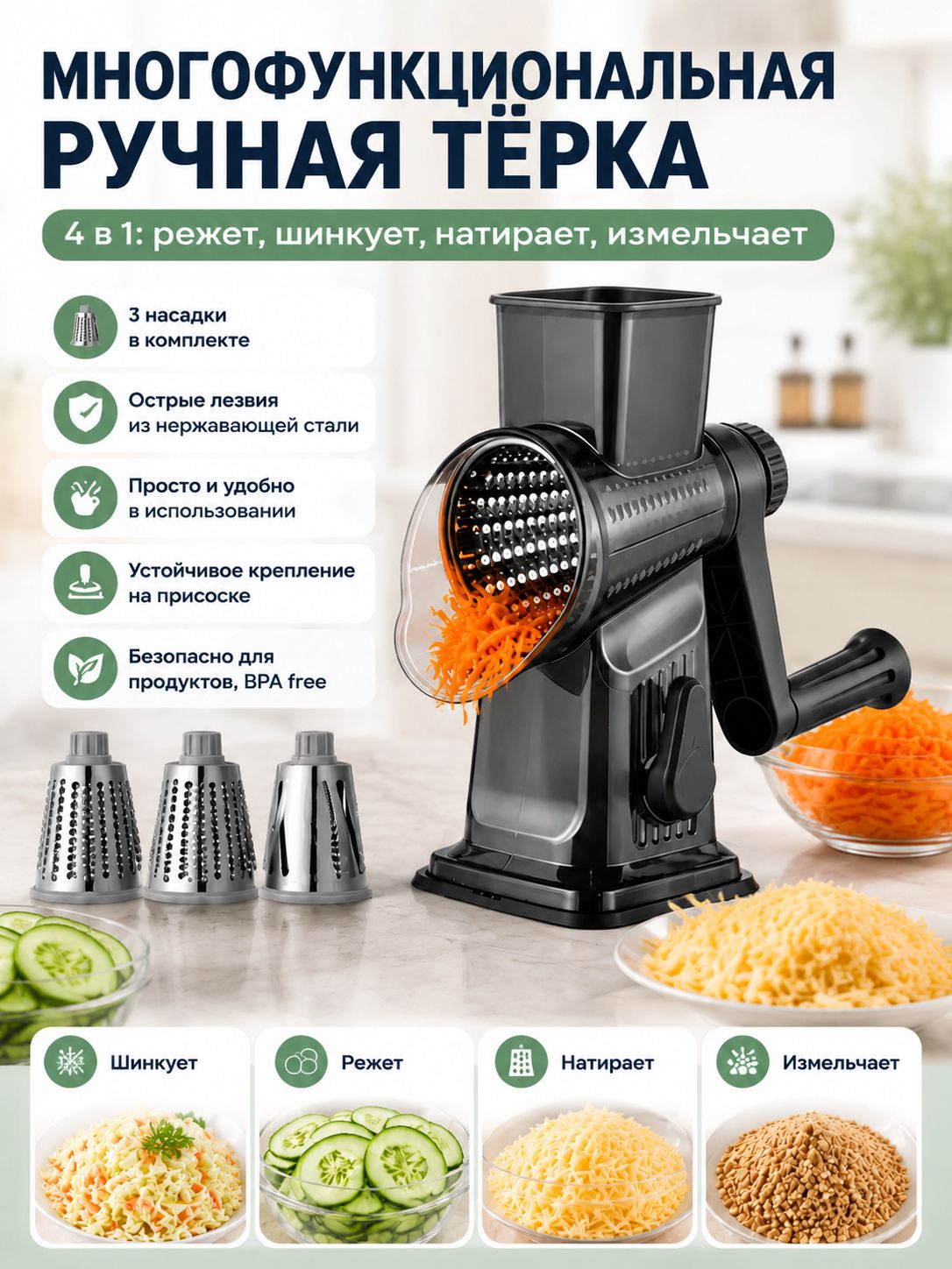 Овощерезка ручная барабанная 4 в 1 черная с 3 сменными насадками, механическая тёрка-мультислайсер для овощей, сыра, орехов и льда на вакуумной присоске