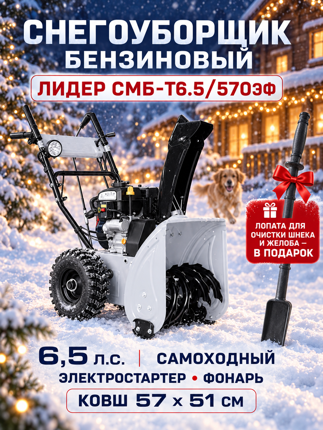Снегоуборщик бензиновый самоходный лидер СМБ-Т6.5/570ЭФ, 6,5 л. с, электростартер, фонарь, ковш 57 × 51 см