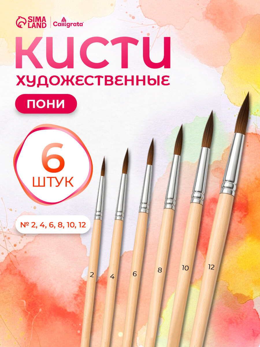 Кисточки для рисования пони 6 штук (№2, 4, 6, 8, 10, 12 ) круглые
