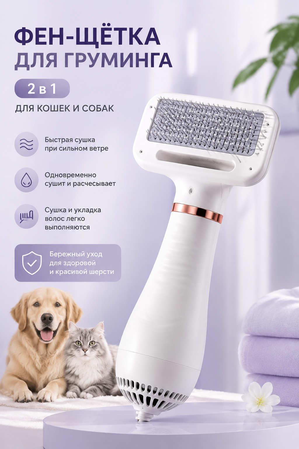 Фен-щётка для груминга кошек и собак 2 в 1, сушка и расчёсывание шерсти