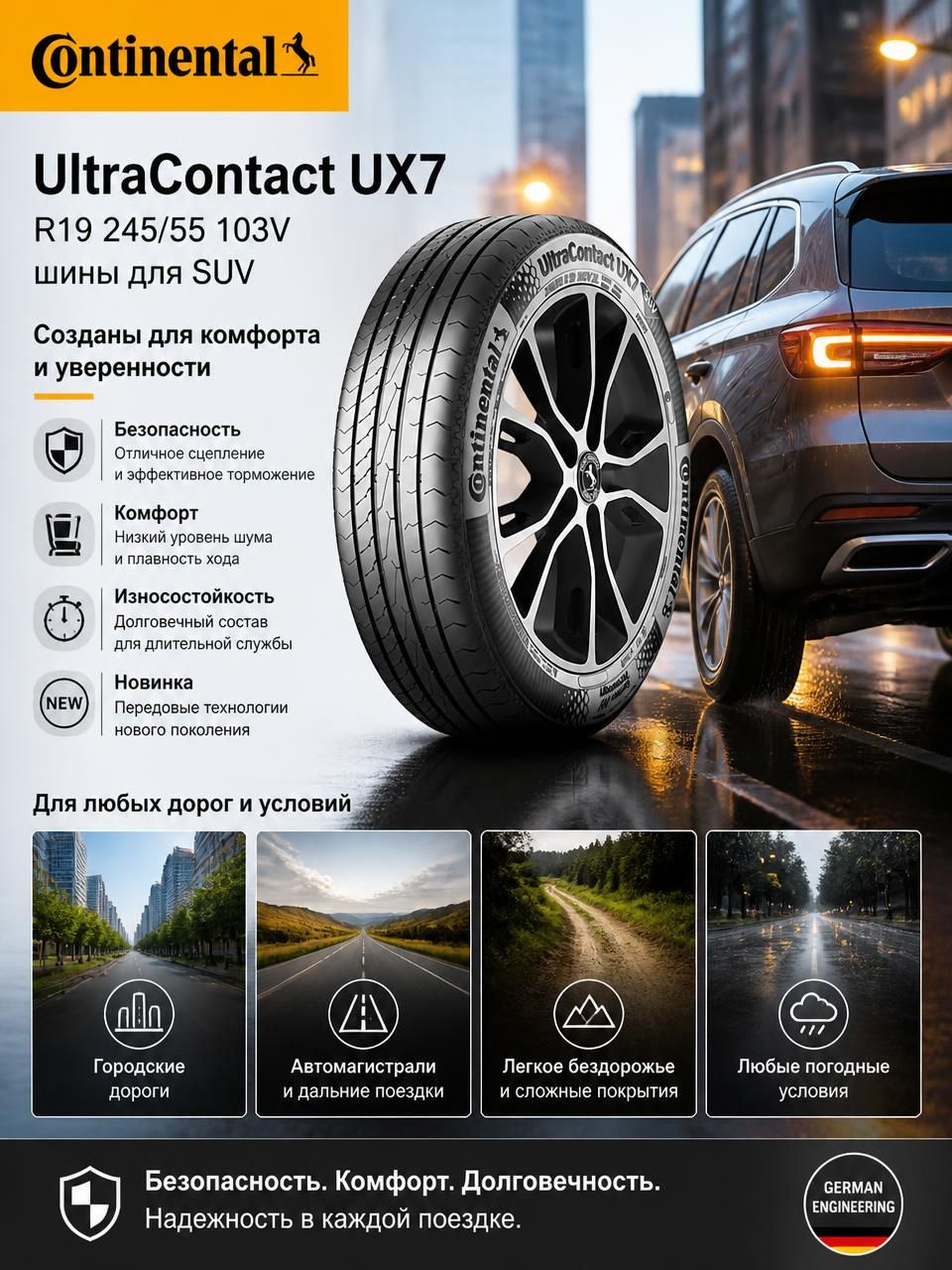 Continental UltraContact UX7 R19 245/55 103V шины для SUV комфорт и износостойкость