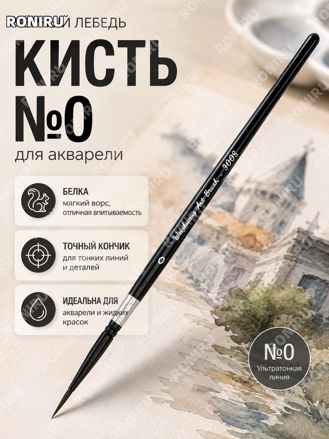 Кисть для акварели Black Swan 0 деревянная художественная кисть, круглая кисть для рисования, живописи и творчества