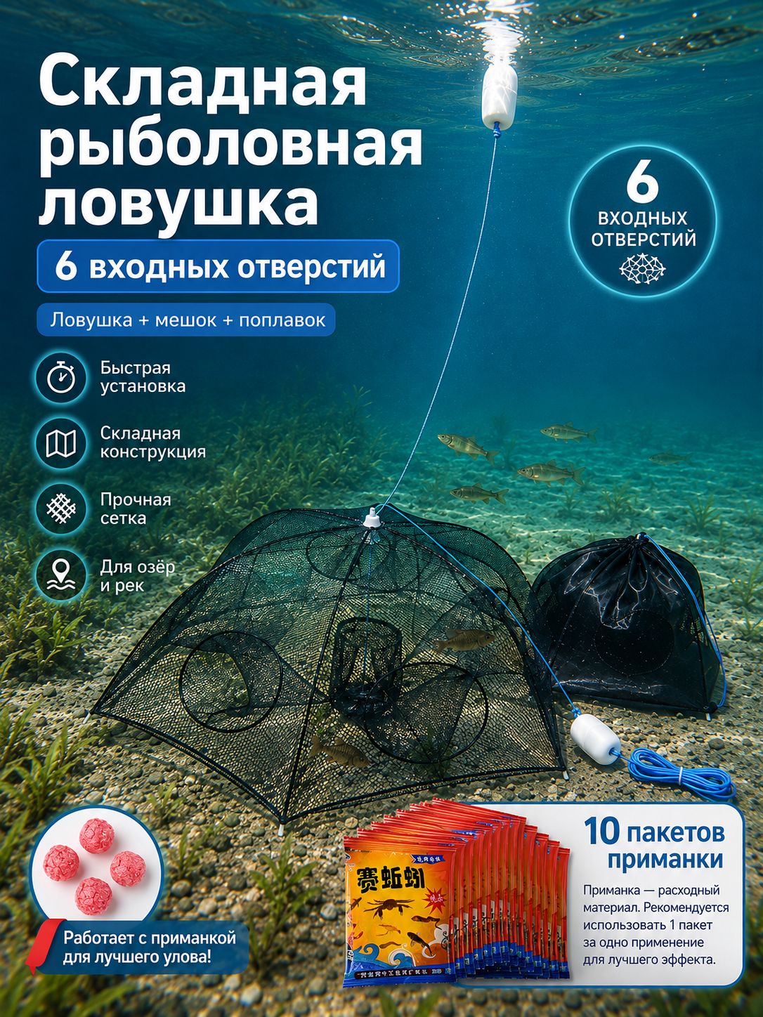 10 упаковок зонтичных сеток для разведения с наживкой, 6 входов для складного хранения, автоматический сбор карася и мелкой рыбы