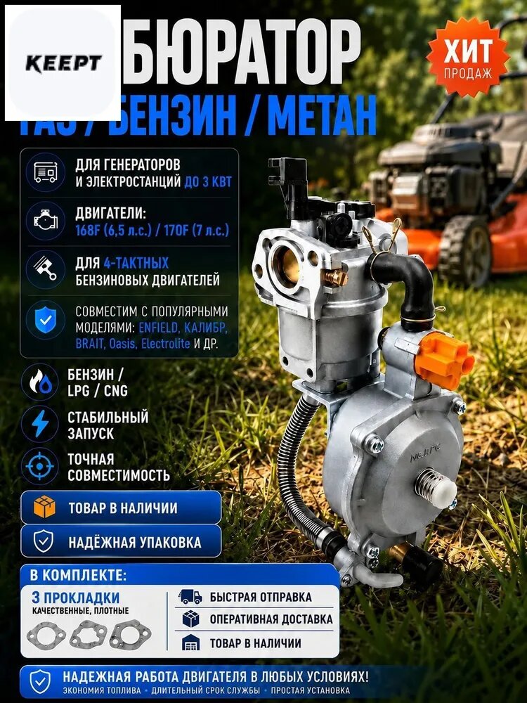 Карбюратор газ-бензин для генератора, электростанций. 3 кВт ( двигатель 6.5-7 лс 168F/170F)