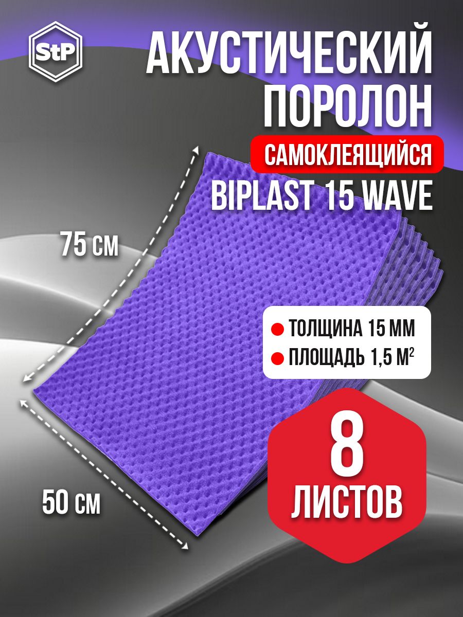 Акустический поролон Biplast 15 Wave (8 листов) 0,75*0,5м / Шумоизоляция для автомобиля 15мм/ Звукоизоляция для автомобиля