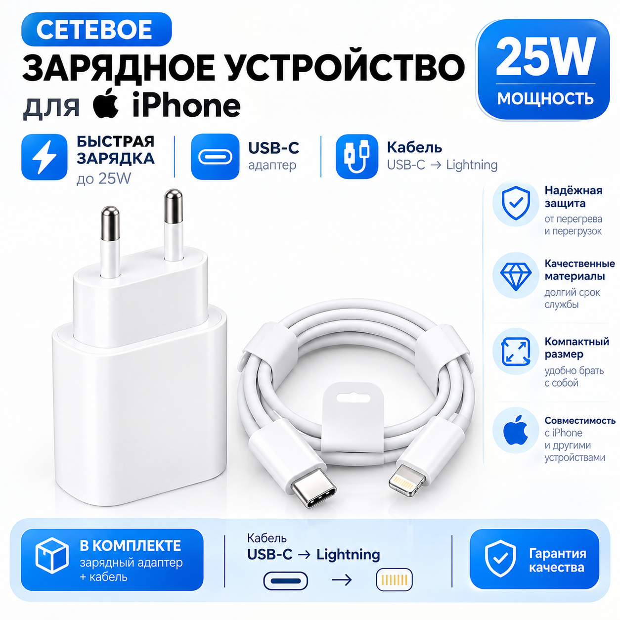 Сетевое зарядное устройство для iPhone 25W USB-C + кабель Lightning