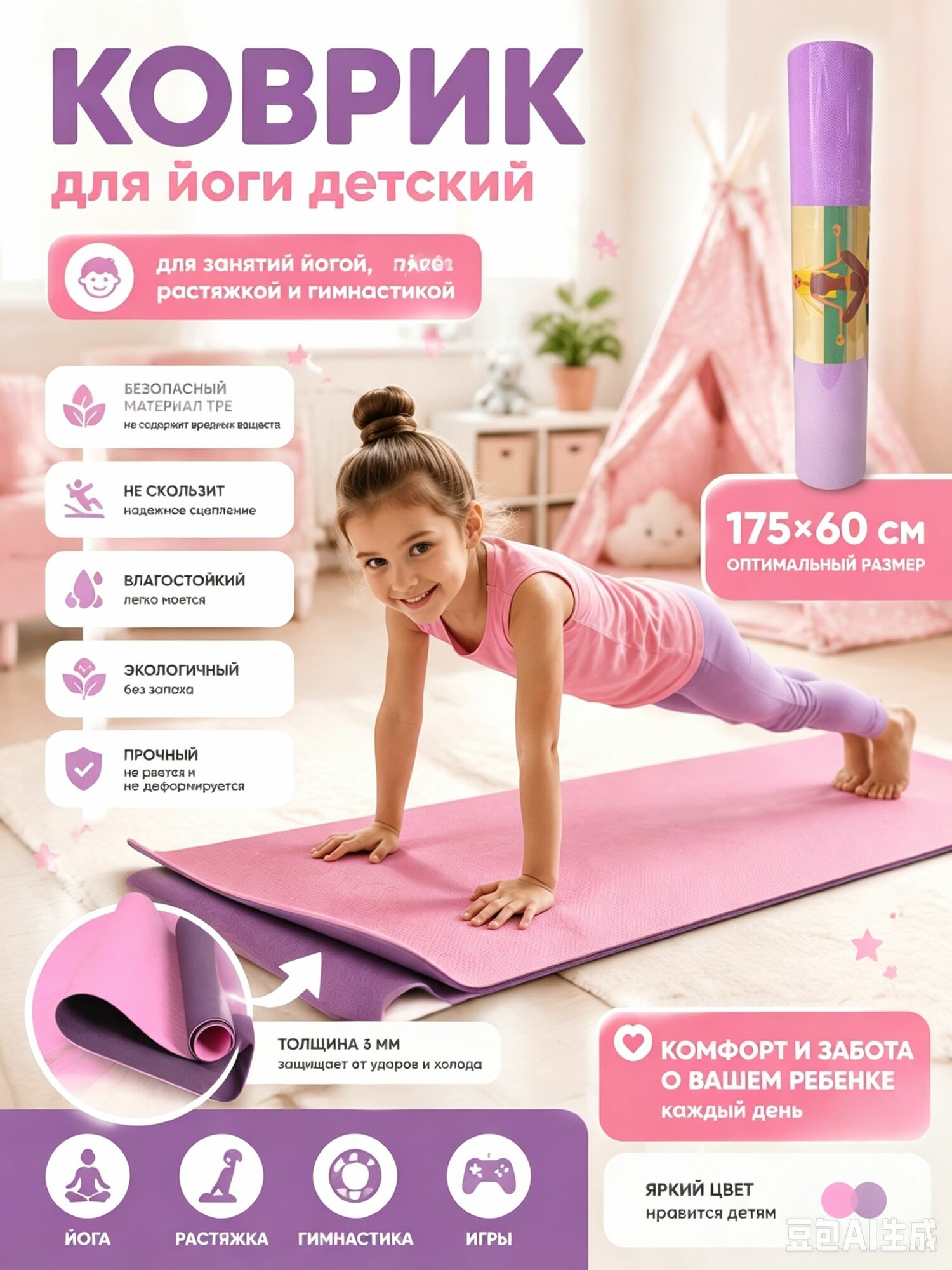 Коврик для йоги детский, Подходит для детских скакалок, фитнеса, не скользит, защищает суставы, 175*61 см
