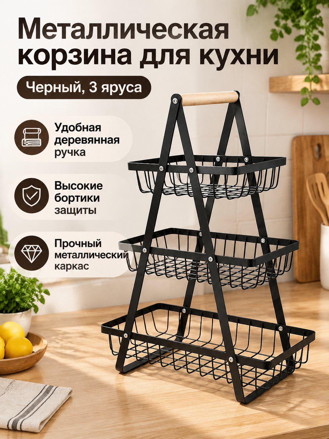 Кухонная многофункциональная стойка из 3 ярусов с деревянной ручкой, черная, металлическая