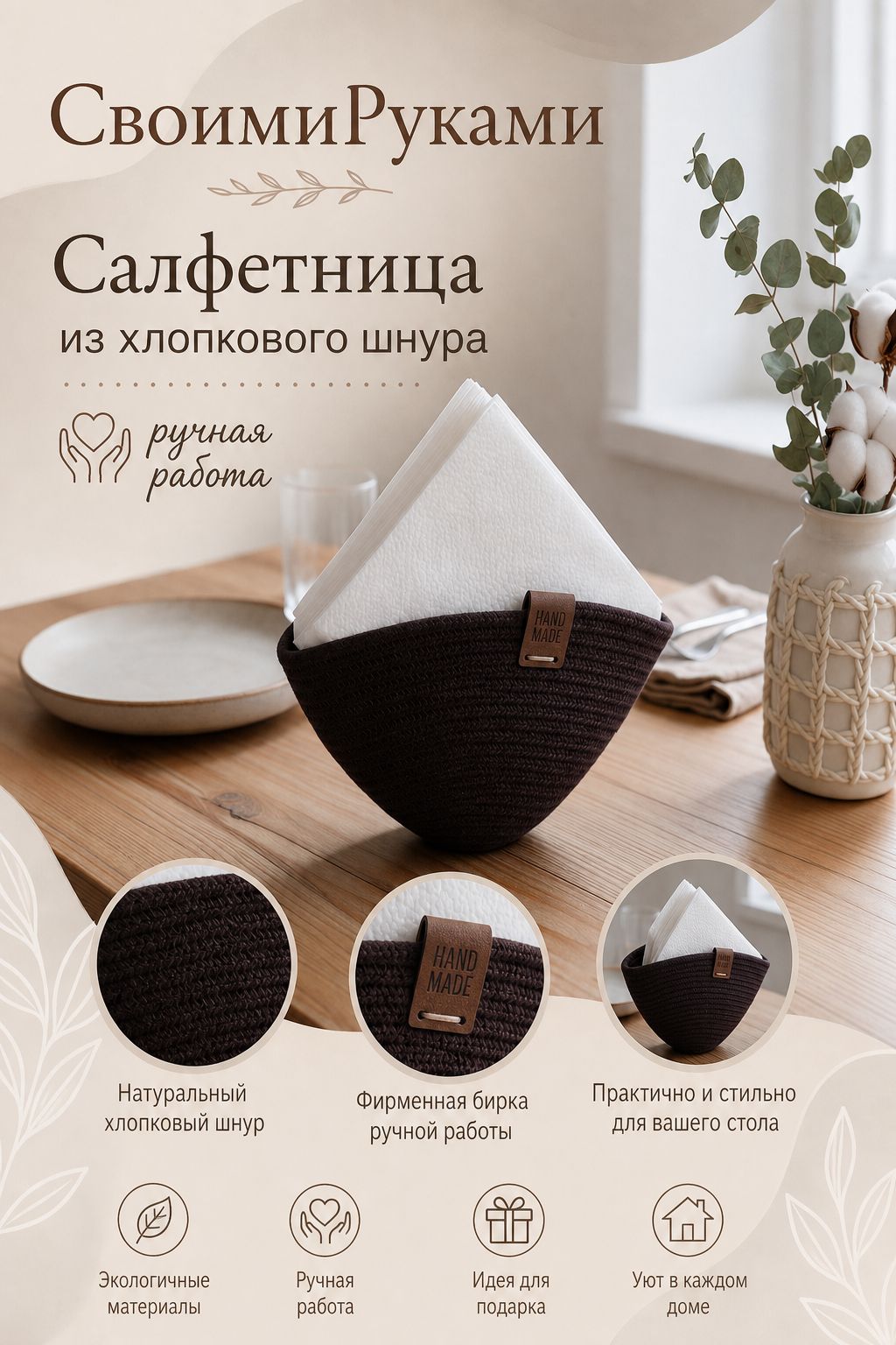 Салфетница на стол из хлопкового шнура ручной работы