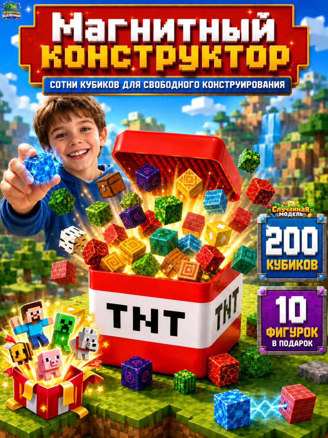 Магнитный конструктор, Майнкрафт, Minecraft, сделай сам, 200 cлучайных блоков + 10 фигурок, красная бочка, подарки для детей