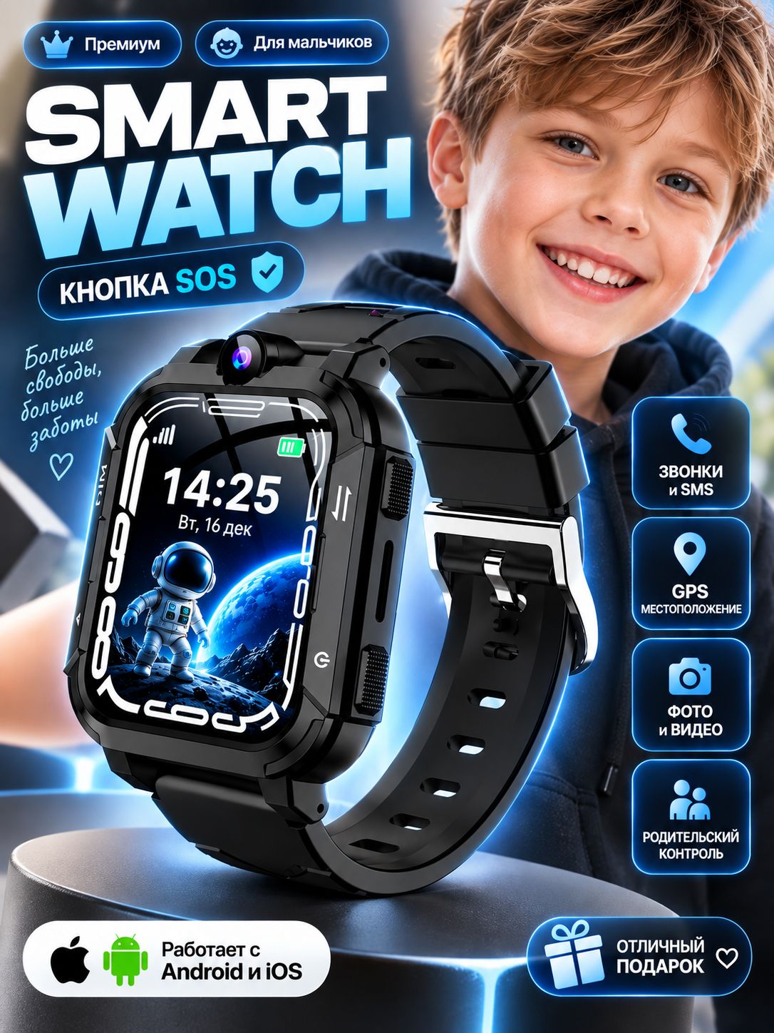 Смарт часы детские с сим картой 4g / Умные smart watch для мальчика с кнопкой SOS