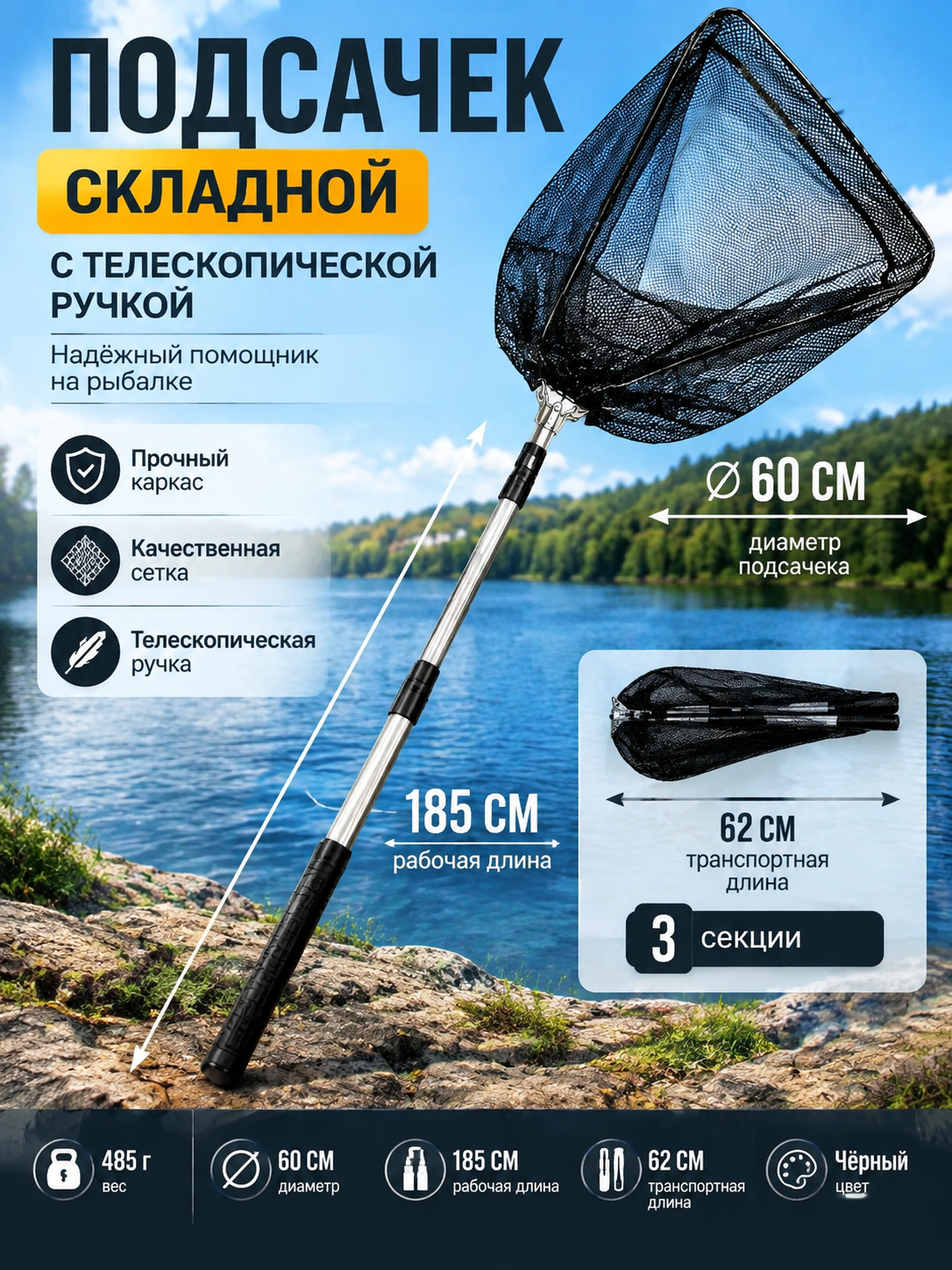 Складной подсачек с телескопической ручкой, 185 см, диаметр 60 см