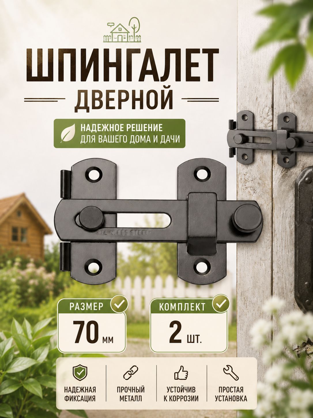 Шпингалет накладной 2 шт / Засов дверной / Задвижка накладная дверная черная 70мм