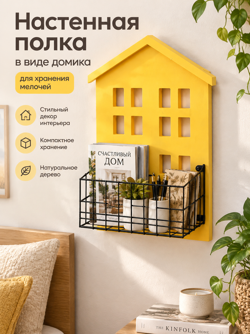 Полка настенная в виде домика, деревянная, жёлтая, для хранения мелочей в спальне