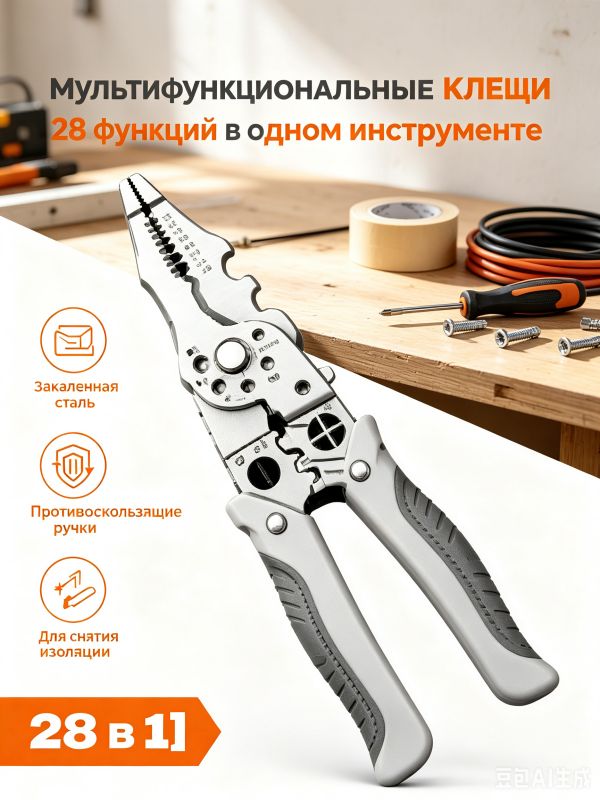 Мультифункциональные электромонтажные клещи 28 в 1, инструмент для снятия изоляции, резки и обжима проводов, закаленная сталь, для ремонта дома и дачи