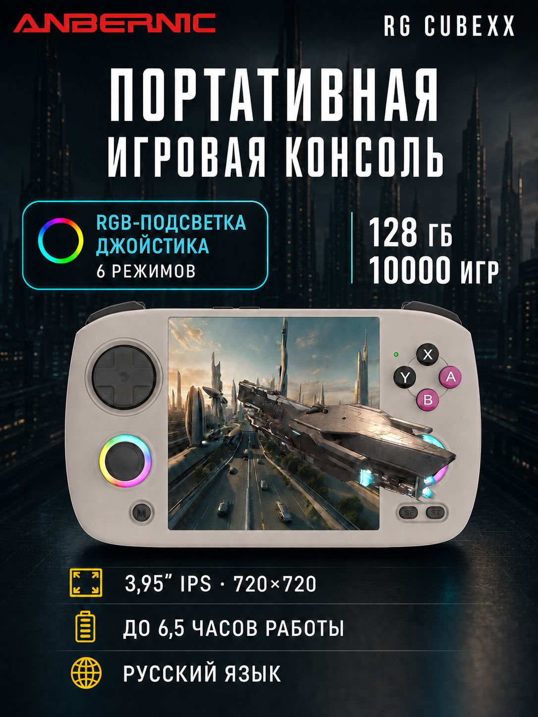Портативная игровая консоль ANBERNIC RG CubeXX, 64 ГБ + 128 ГБ, Linux, два аналоговых джойстика, серая