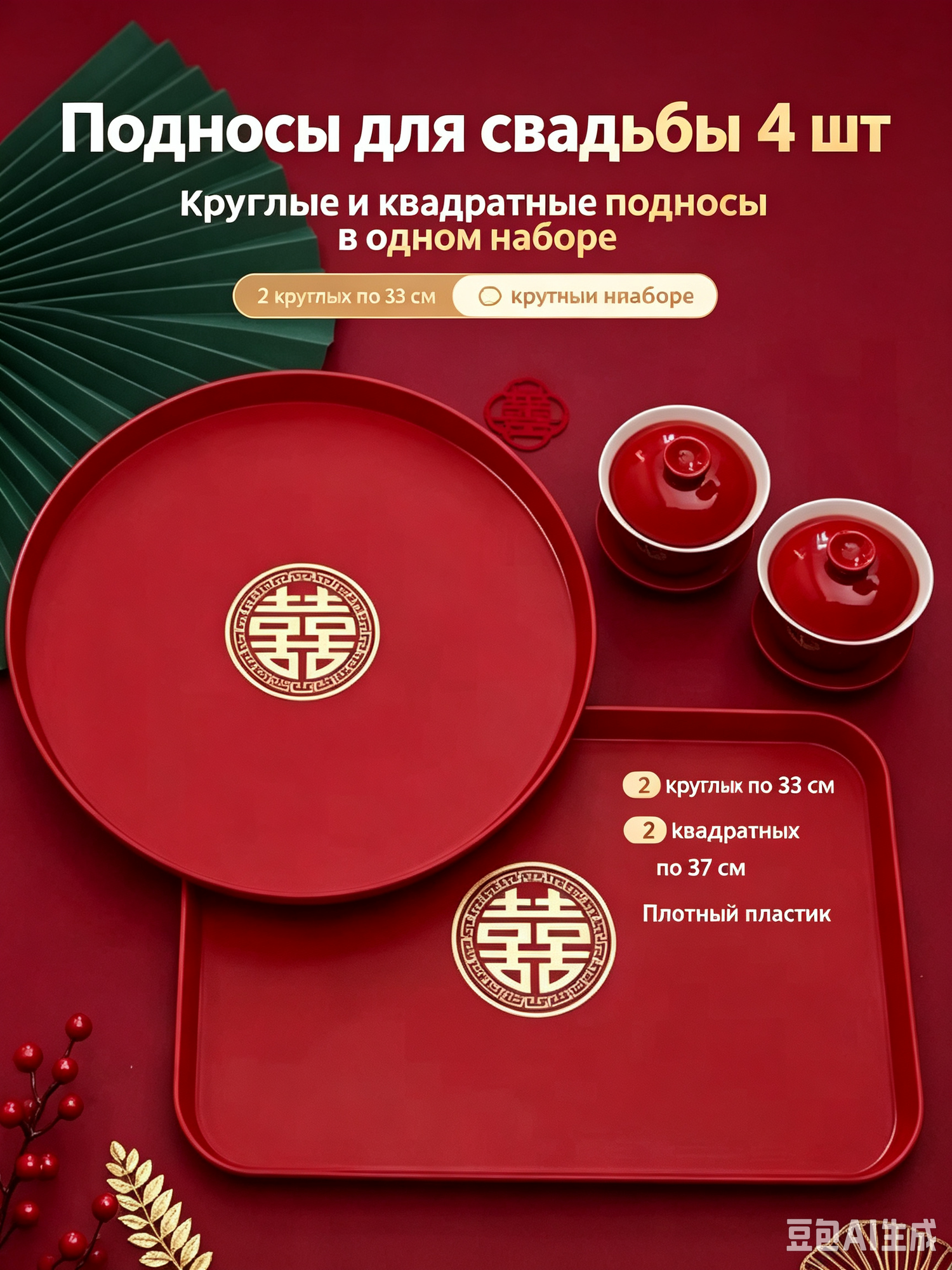Праздничные подносы для свадьбы 4 шт, прочный пластик – для угощений, чая и конфет на торжестве