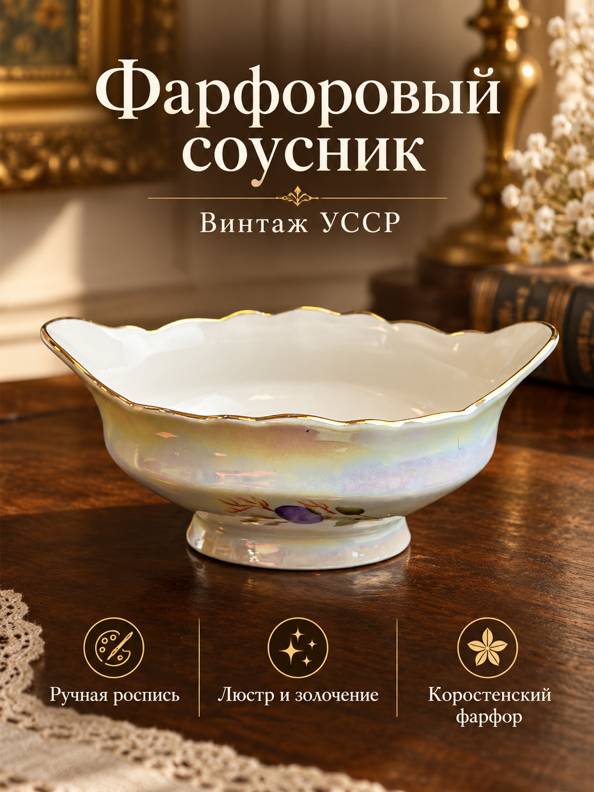 Соусник фарфоровый с изящным декором цветы ручная роспись, люстр, золочение, Коростенский ФЗ Коростень, винтаж УССР 1962-1990 гг