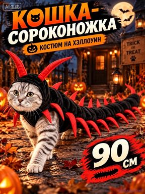 Костюм сороконожка для кошки на Хэллоуин, карнавальный образ гигантской многоножки, Длина около 127 см, Черный цвет