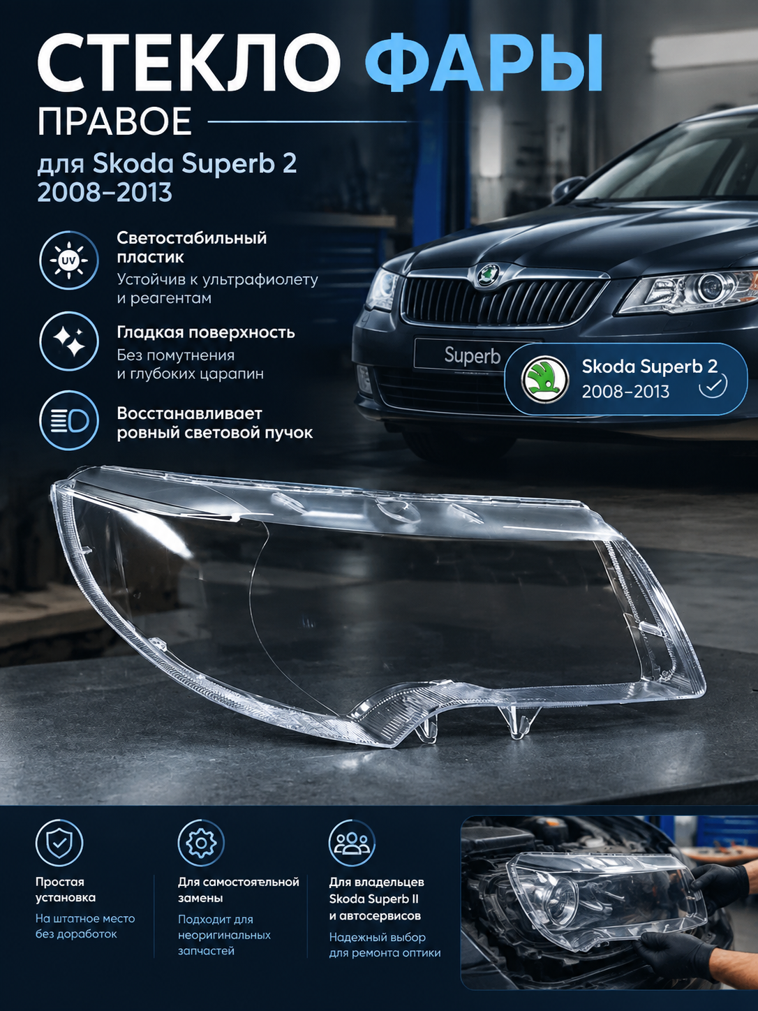 Правое стекло фары Skoda Superb 2 2008-2013, прозрачный пластик, восстановление оптики фар