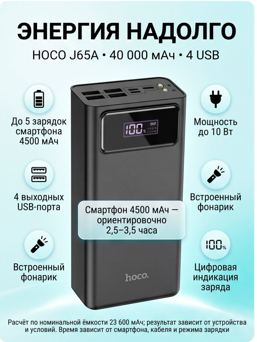 Внешний аккумулятор HOCO J65A 40000 мАч 4 USB с фонариком