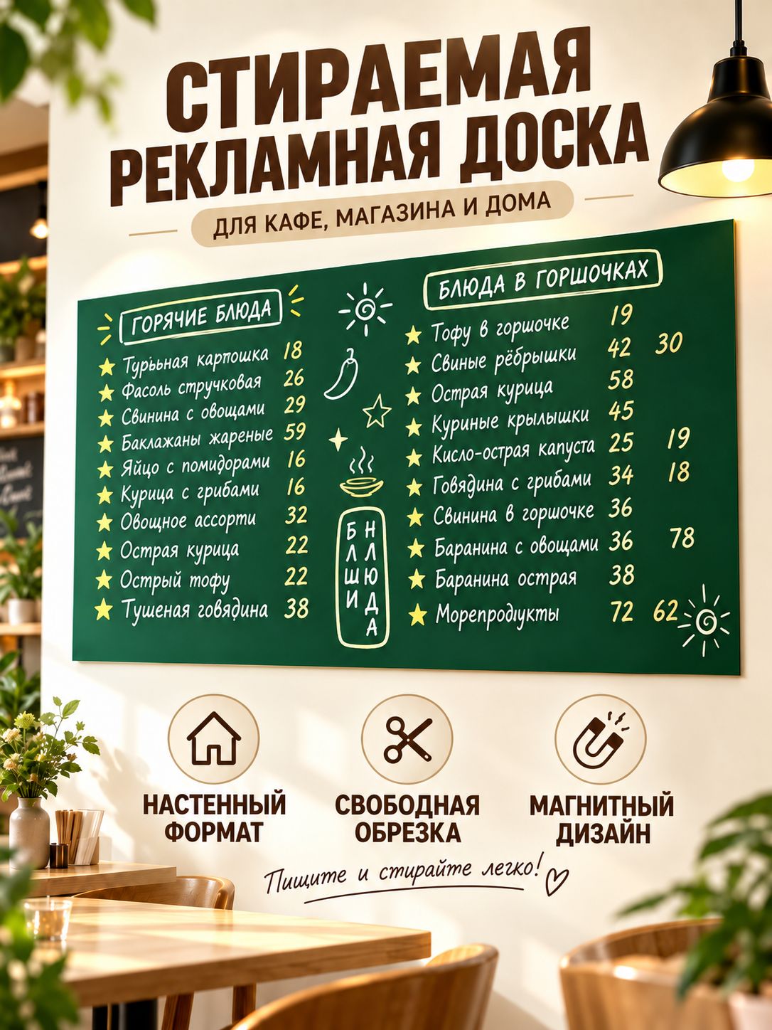 Рекламная доска стираемая настенная, магнитный дизайн, для меню кафе, магазина и дома, легко писать и стирать