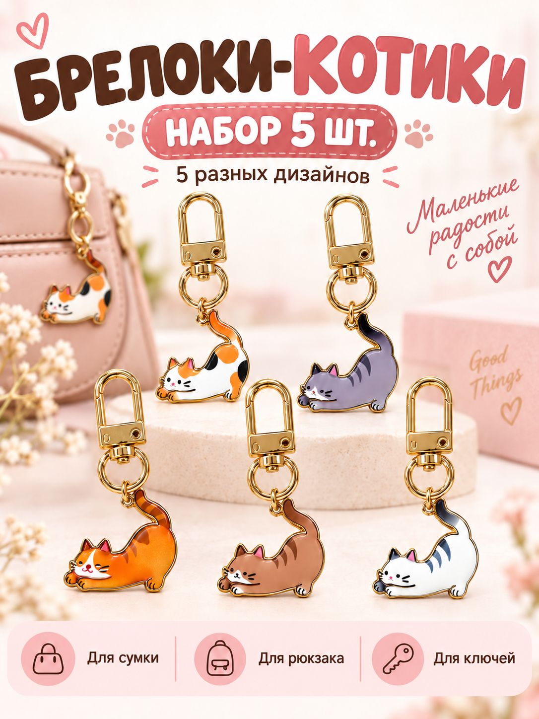 Брелоки котики 5 шт, милые подвески для сумки, рюкзака и ключей, набор декоративных аксессуаров с котятами