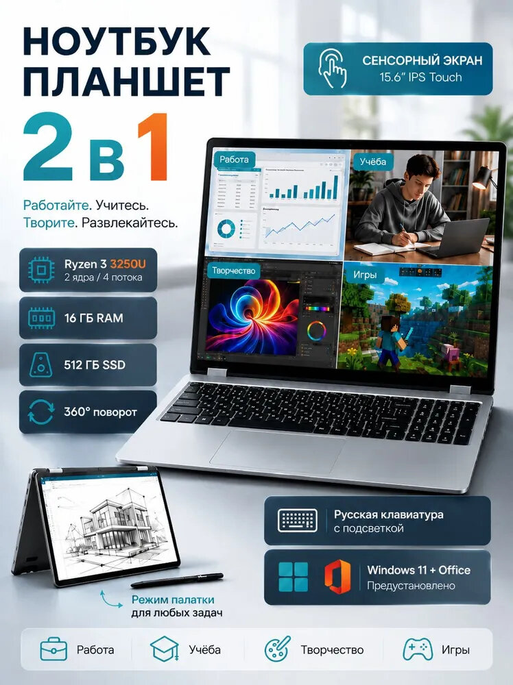 Ноутбук Ninkear YBOOK 15, 15,6-дюймовый сенсорный экран, AMD Ryzen 3 3250U, 16 ГБ ОЗУ + 512 ГБ SSD, Windows 11 Pro