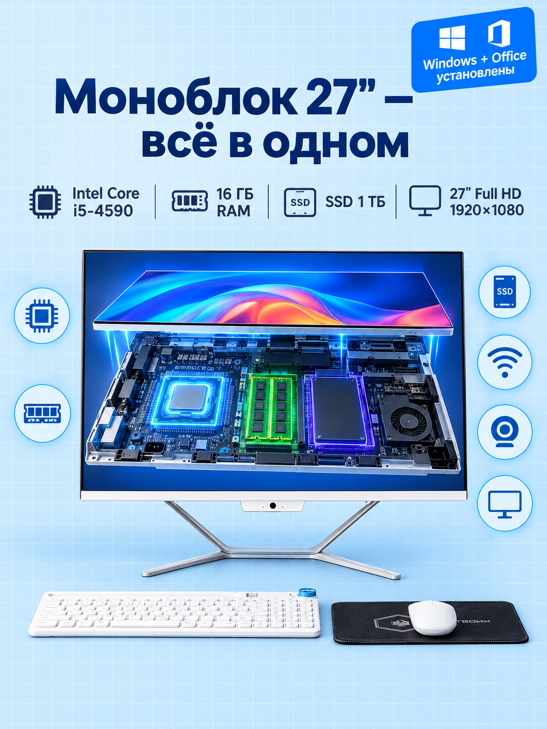 Моноблок DWO 27 дюймов, Intel Core i5, Windows 11pro, SSD 1 ТБ, RAM 16ГБ, белый