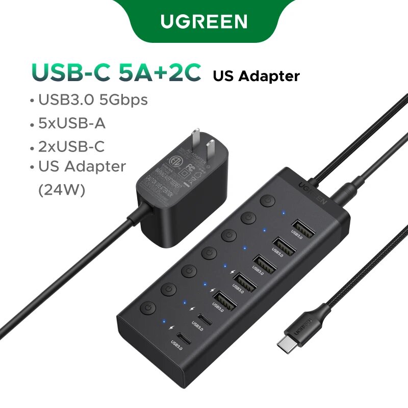 UGREEN USB-A/C HUB 7 портов USB 3.0 Черный, USB C Plug - US Type