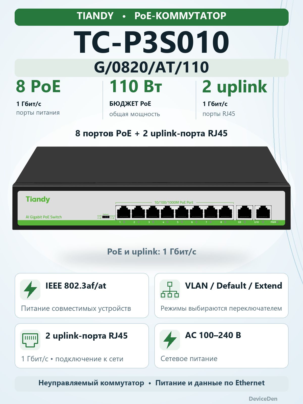 Tiandy TC-P3S010 G/0820/AT/110 неуправляемый коммутатор
