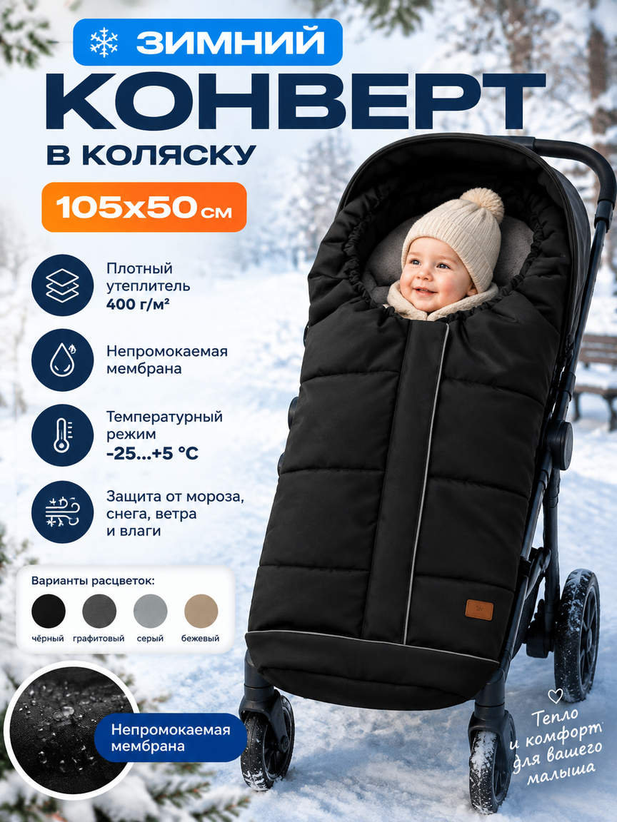 Зимний конверт-одеяло в коляску 105x50 см, утеплитель 400 г/м², мембрана, чёрный матовый