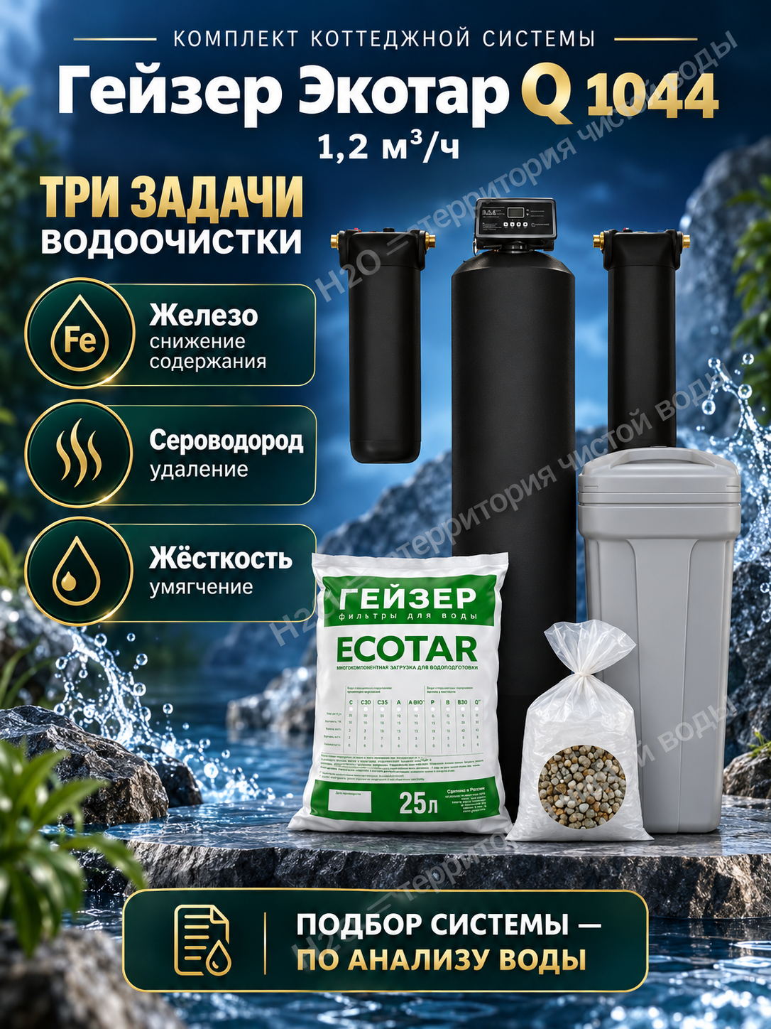 Комплект системы очистки воды Гейзер Экотар Q 1044 до 1,2 м³/ч с антиконденсатными чехлами, обезжелезивание, удаление сероводорода и умягчение, Runxin F117Q3, фильтры 20BB