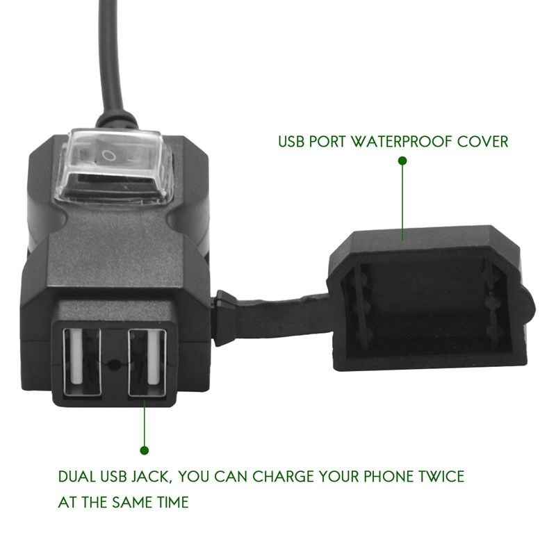 Водонепроницаемое зарядное устройство 12 В для мотоцикла с двумя USB-портами.