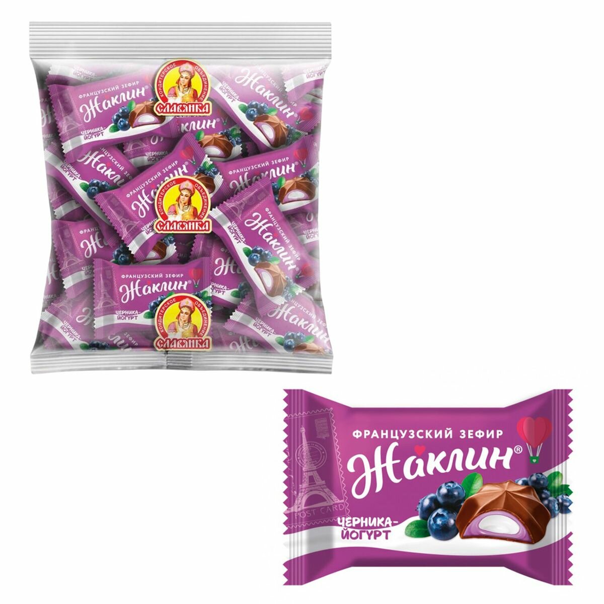 Конфеты глазированные Славянка "Жаклин", французский зефир со вкусом черника-йогурт, 1000г (30831), 6шт.