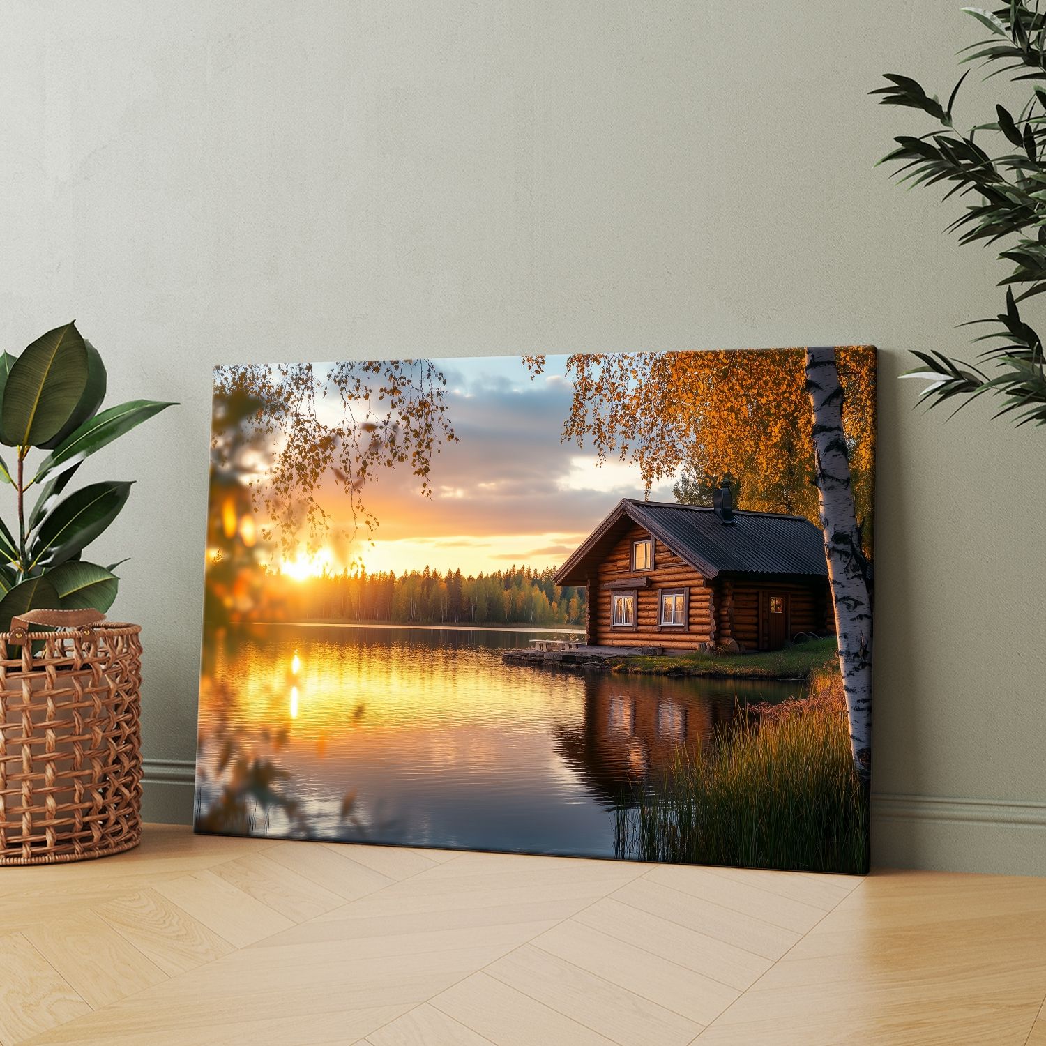 Картина на холсте (домик, озеро, закат, береза, лес, отражение, природа) 40x60 см. Интерьерная на стену. Украшение в комнату. В подарок.