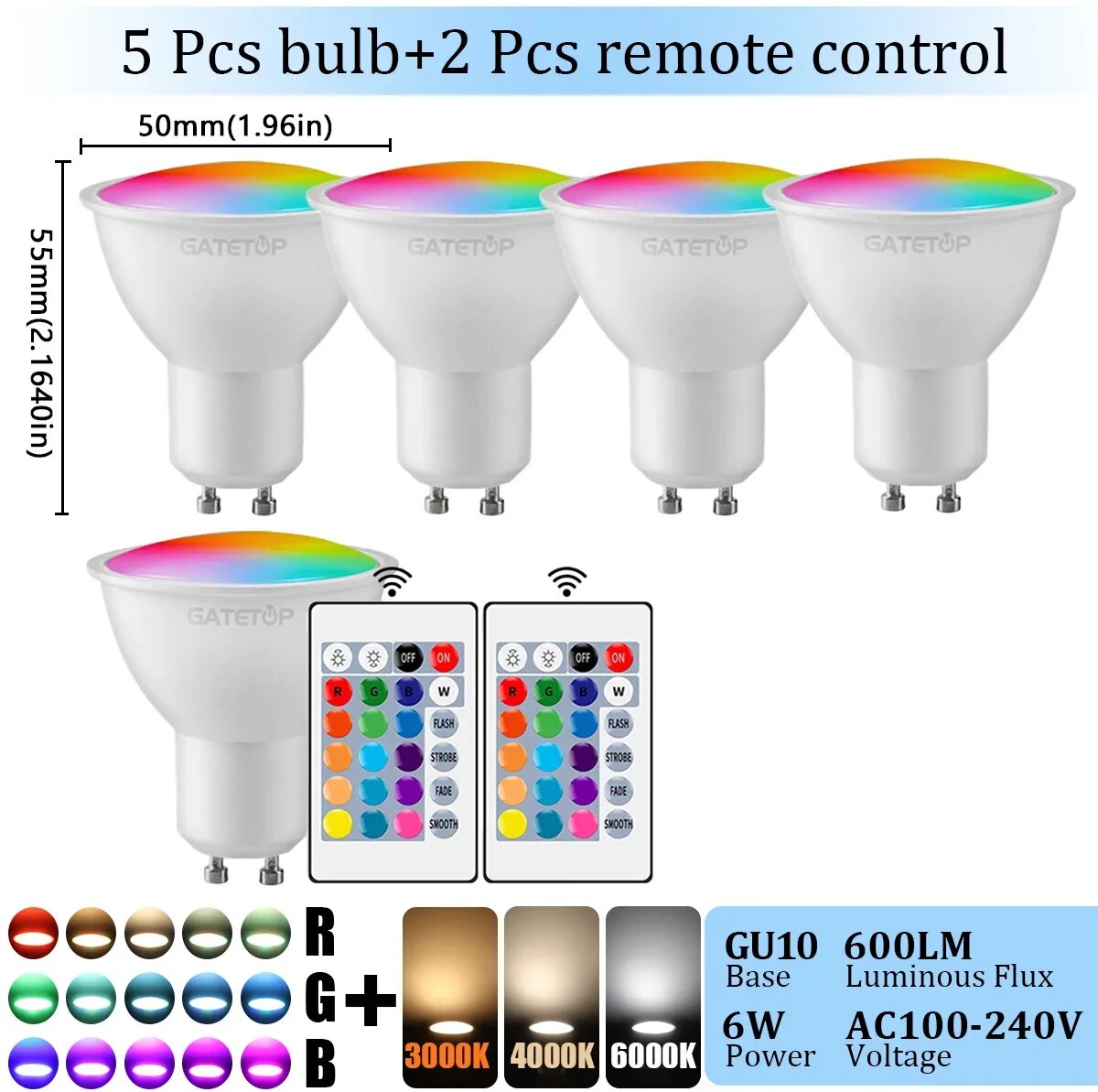 RGB Светодиодная Лампа GU10 6 Вт с пультом 24 кнопки 5PCS, RGB 3000K