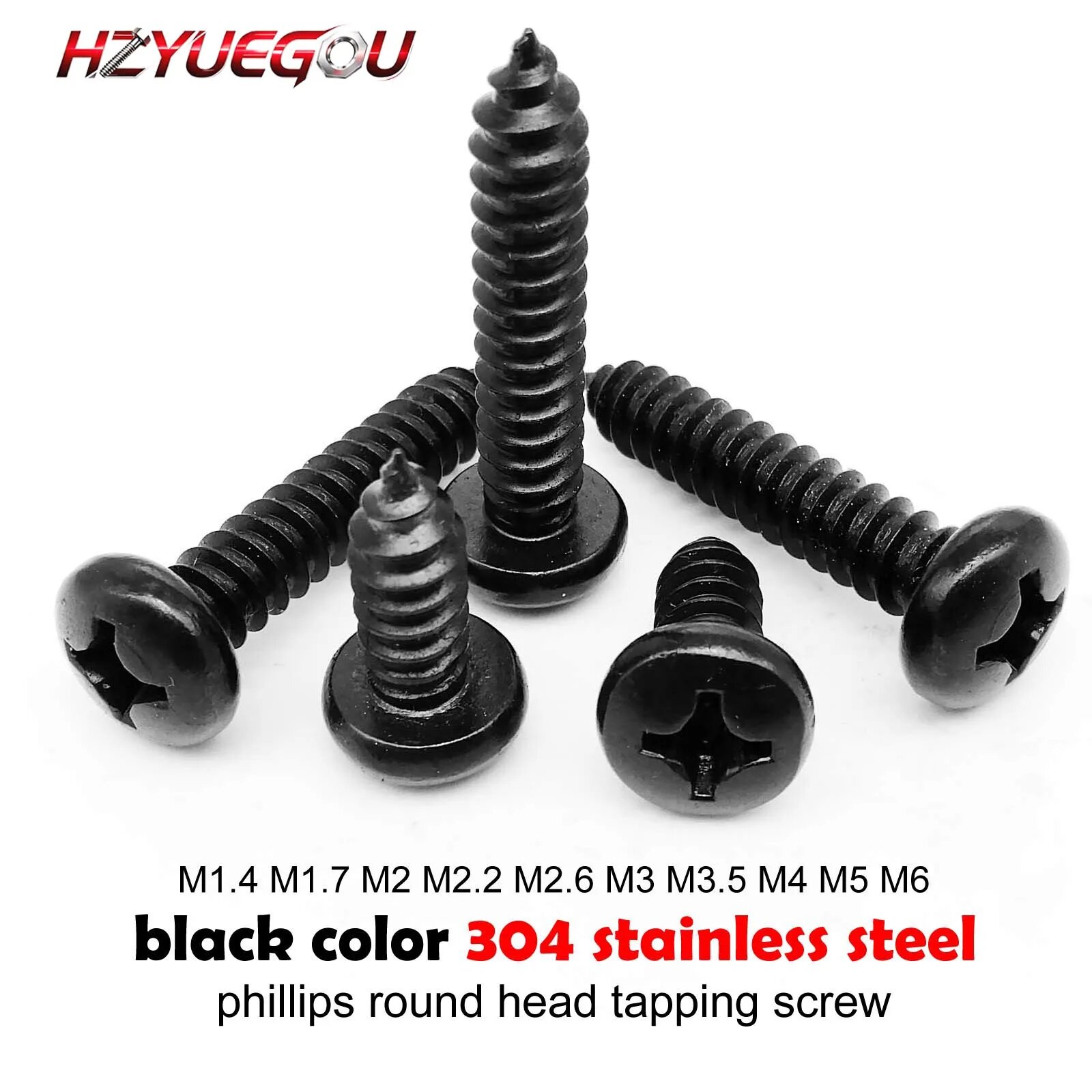 Саморезы HZYUEGOU из нержавеющей стали 304 черный набор M1.4-M6 50pcs M3.5, 14mm