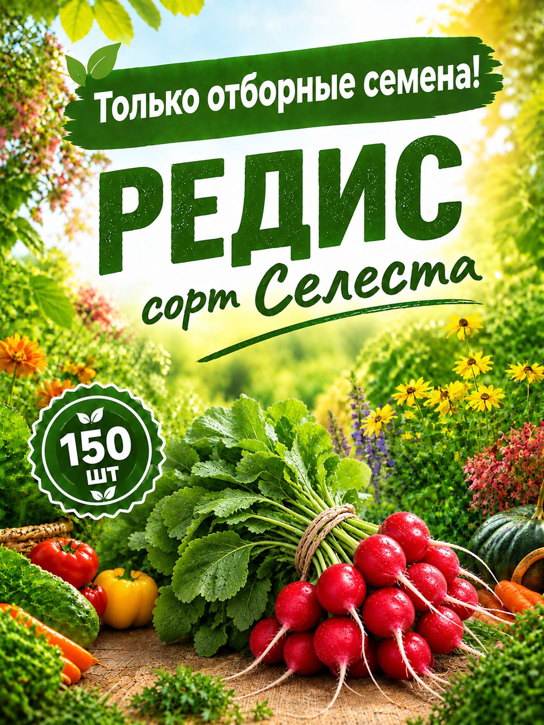 Семена редиса Селеста F1- раннеспелый гибрид голландской селекции, ярко-красные корнеплоды до 30 г, урожай до 3,5 кг/м, устойчивость к стрелкова