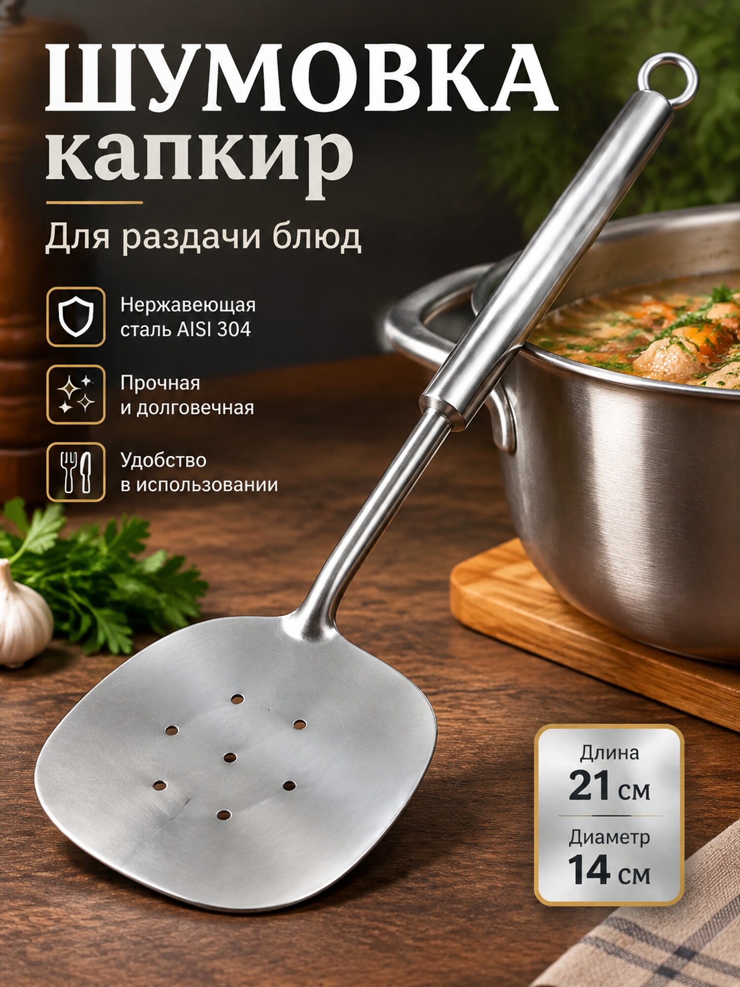 Шумовка-капкир из нержавеющей стали AISI 304 для раздачи блюд