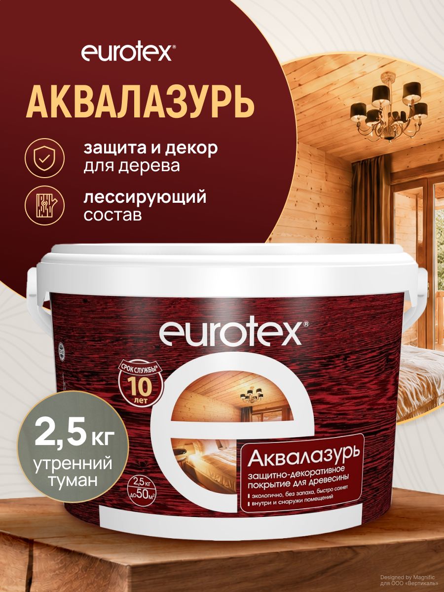 Защитно-декоративное покрытие для дерева Eurotex Аквалазурь, акриловая, лессирующая, антисептик, полуглянцевое, 2,5 кг, утренний туман