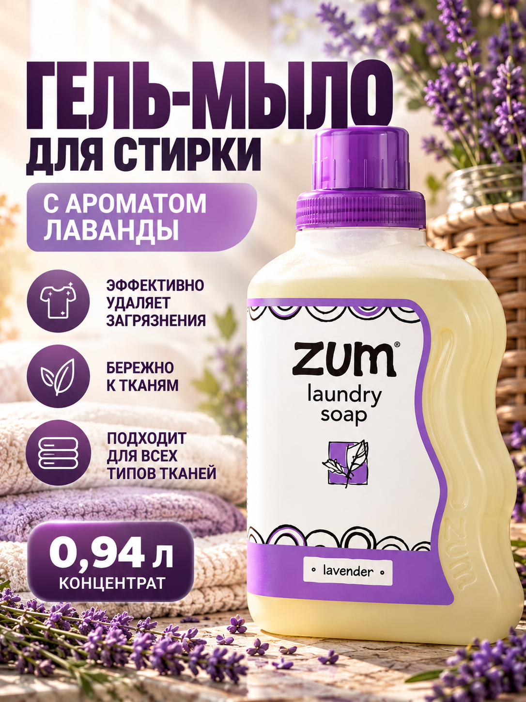 Гель-мыло для стирки с ароматом лаванды 0,94 л ZUM сохраняющее структуру тканей