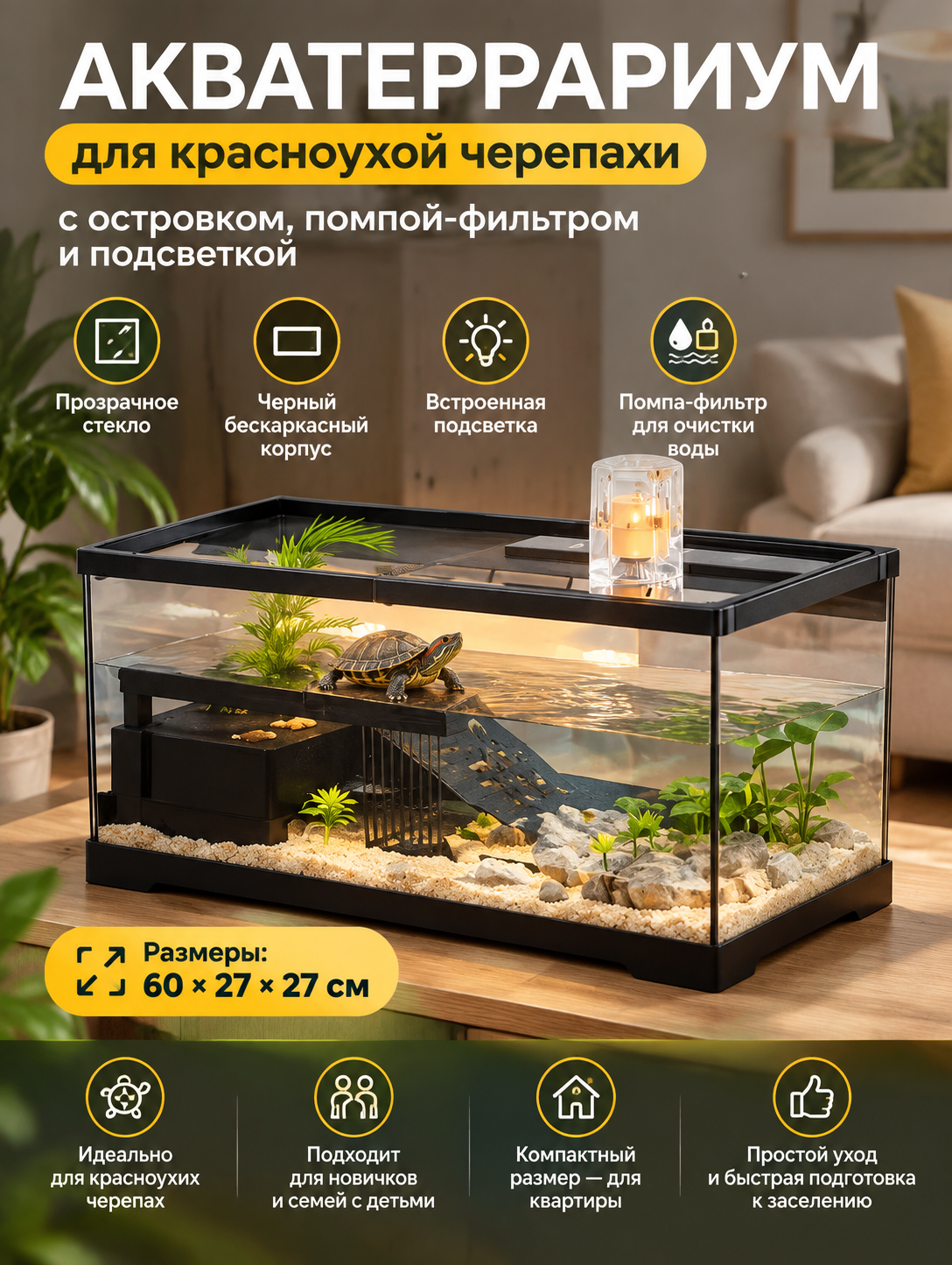 Акватеррариум для красноухой черепахи 60×27×27 см, с островком, помпой-фильтром и подсветкой