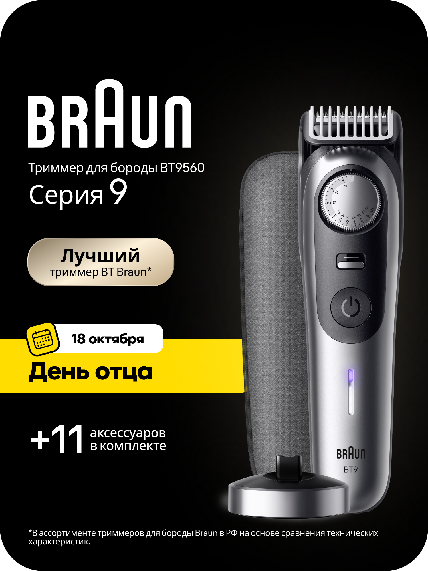 Триммер для бороды и усов Braun BT9560, 7 насадок, зарядная станция, чехол и трафарет, серебристый