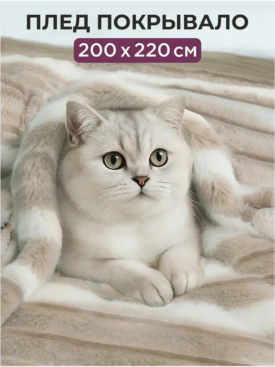 Плед пушистый 200х220 евро на кровать и диван, бежевый, двухсторонний