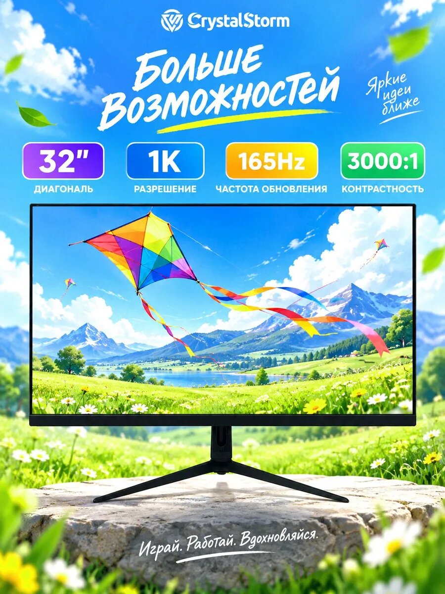 Монитор CrystalStorm, диагональ 32", 1920 x 1080 пикселей, 165Гц, матовый, чёрный