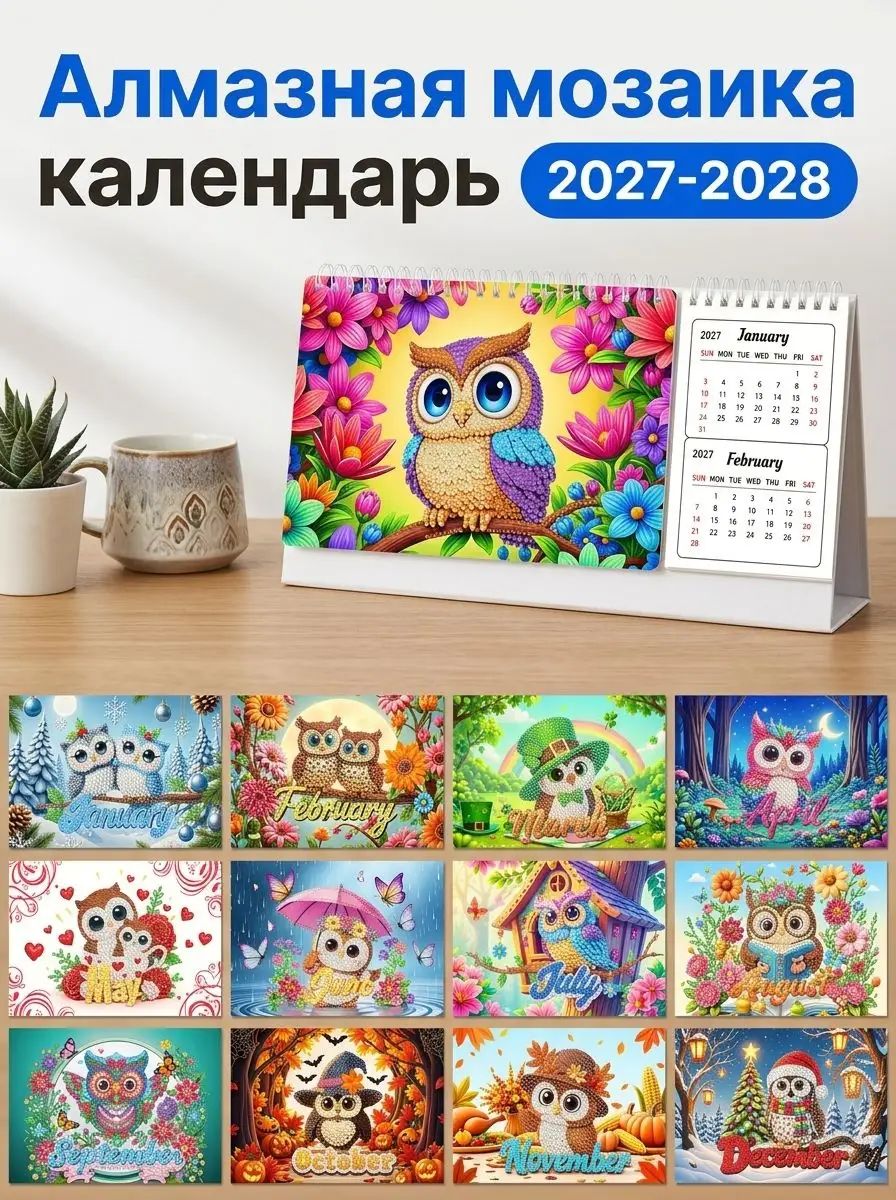 Настольный календарь 2027-2028 с алмазной мозаикой, DIY набор для творчества, сова дарок на Новый год
