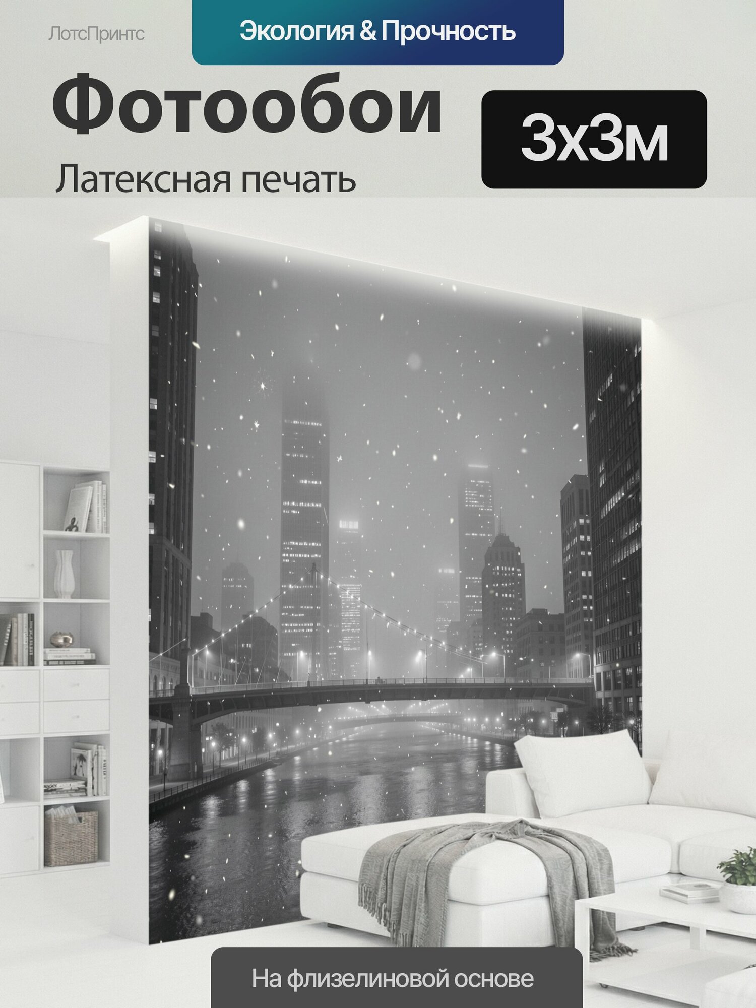 Фотообои моющиеся ударопрочные "Ночной городской силуэт в снегу. Черно-белый городской пейзаж: небоскребы, мост через реку, огни вдоль набережной." 300x300 см. латексная печать