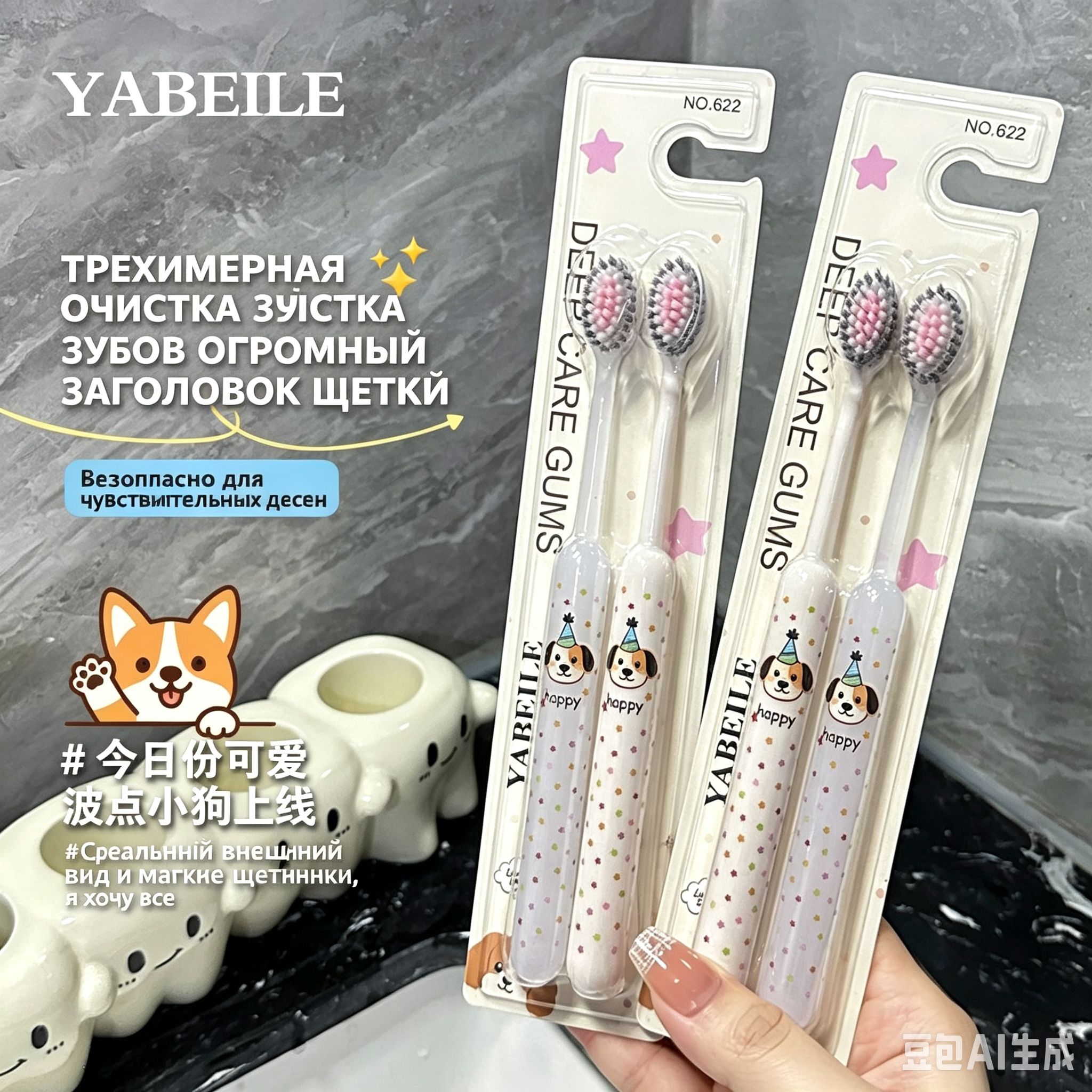 Зубные щетки мягкие с милой собакой широкая головка для чувствительных десен комплект 2 штуки YABEILE
